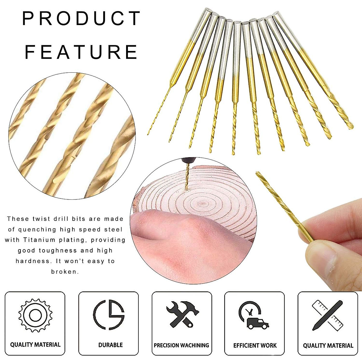 Mini Twist Drill Bits Set - 10Pcs 0.6mm-2.2mm Micro Wood Drill Bit 2.35 Shank Titanium Coated HSS Engraving Drill Bits Hole Drilling Tool for DIY Resin, Beads, Jewelry (10)