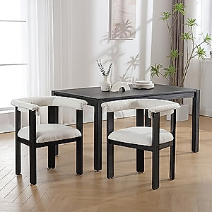 Wahson Set of 4 Mid Century Modern Upholstered Barrel Dining Chairs, Farmhouse Accent Dining Kitchen Chair with Boucle/Sherpa Upholstery and Black Wood Legs, White