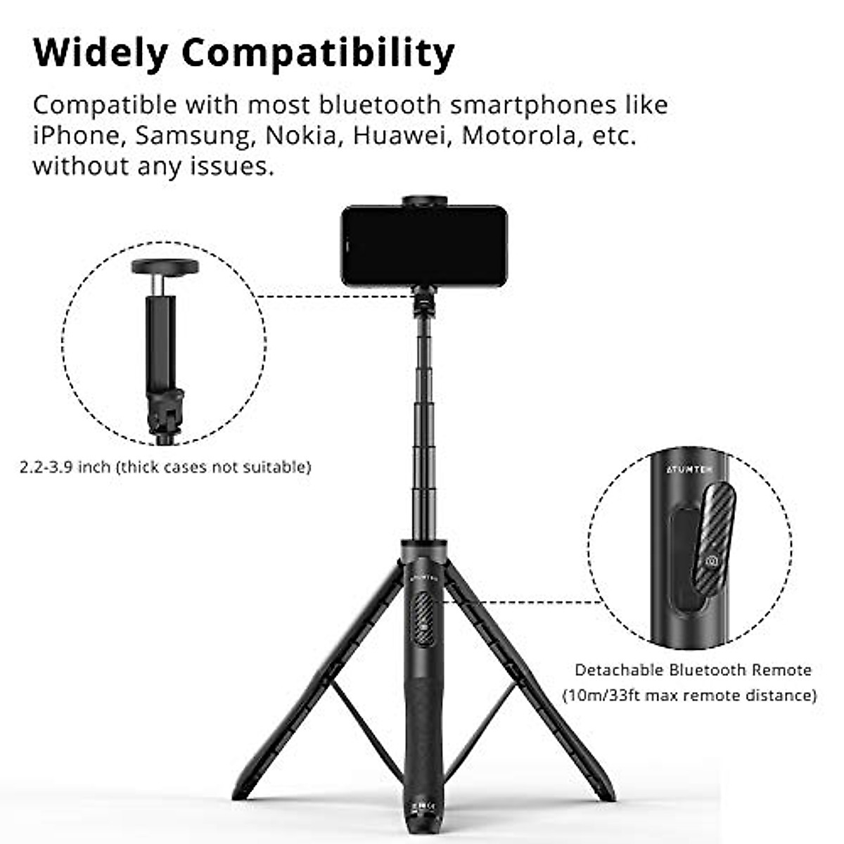ATUMTEK 51" Selfie Stick Tripod, All in One Extendable Phone Tripod Stand with Bluetooth Remote 360° Rotation for iPhone and Android Phone Selfies, Video Recording, Vlogging, Live Streaming, Black