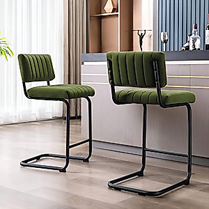 ONEVOG Modern Counter Height Stools with Velvet Backrest, 24Inch Solid Metal Legs Bar Stool Set of 2, Barstools for Kitchen Dining Party, Sturdy Bar Chairs (Green)