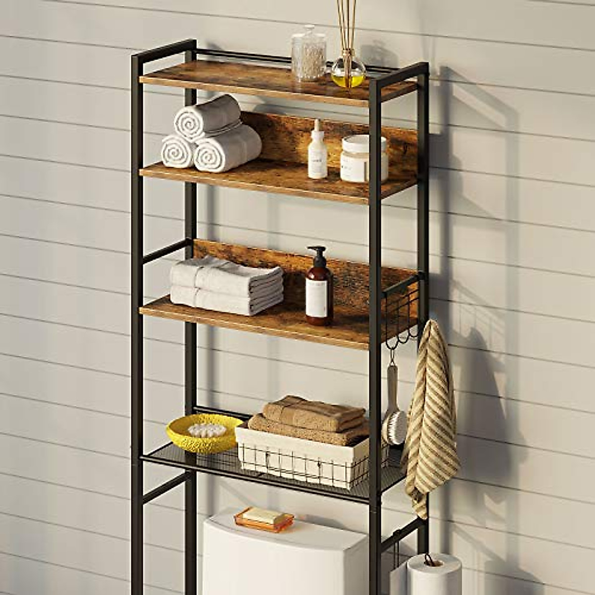 Rolanstar Over The Toilet Storage, 4-Tier Wooden Bathroom Space Saver with Hooks, Freestanding Bathroom Organizer, Multifunctional Over The Toilet Storage Rack, Bathroom Toilet Rack, Rustic Brown