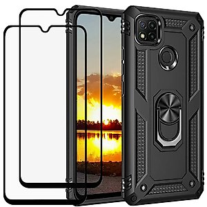 DuoLide for Xiaomi Redmi 9C Case with Tempered Glass Screen Protector [2 Pack], Hybrid Heavy Duty Dual Layer Anti-Scratch Shockproof Defender Kickstand Case Cover, Black
