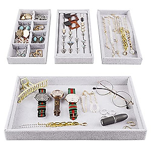 STYLIFING Jewelry Drawer Organizer 4 in 1 Stackable Jewelry Organizer Trays for Drawer Rings Earrings Necklaces Bracelet Storage Showcase Box(Grey)