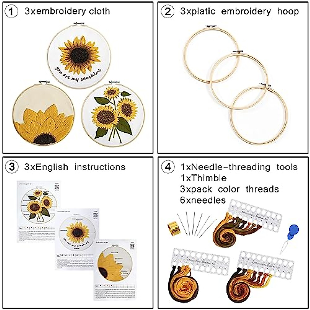 Armindou 3 Sets Embroidery Starter Kits with Sunflower Pattern for Adults Beginners, Floral Stamped Cross Stitch Kit Hand DIY Needlepoint Kit, 3 Embroidery Hoops, 3 Embroidery Fabric, Needles, Threads