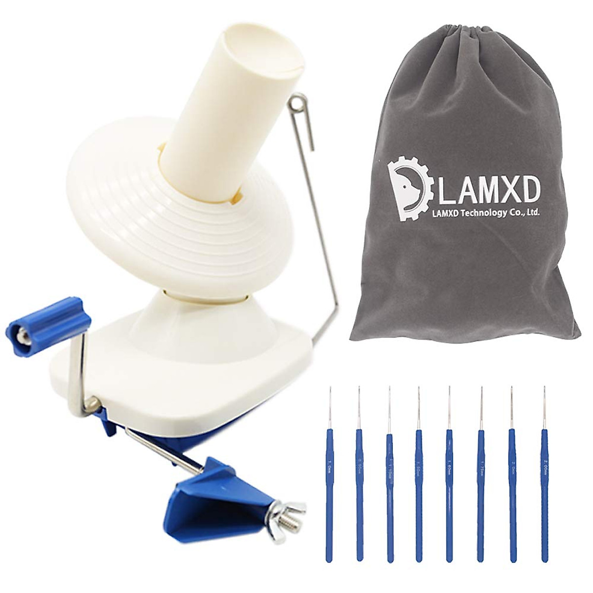 LAMXD Needlecraft Yarn Ball Winder Hand Operated,Capacity 4-Ounce,Blue,Portable Package,Easy to Set Up and Use,Sturdy with Metal Handle and Tabletop Clamp,Including 8 Sizes Crochet Hooks Set
