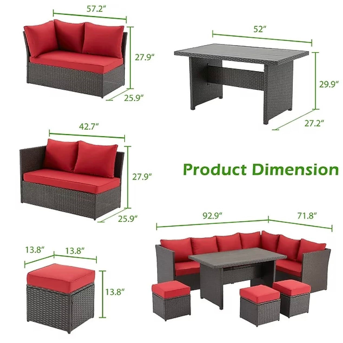 Generic 7 Piece Patio Conversation Set, Outdoor Sectional Sofa Rattan Wicker Dining Furniture, Gray (Red), dd1123