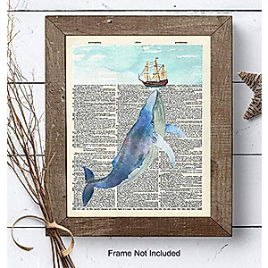 Nautical Whale Dictionary Wall Art - 8x10 Photo, Picture - Ocean, Sea, Beach Home Decor, Shabby Chic Decoration - Unique Gift - Cool Bath, Bathroom Art - Unframed Poster Print