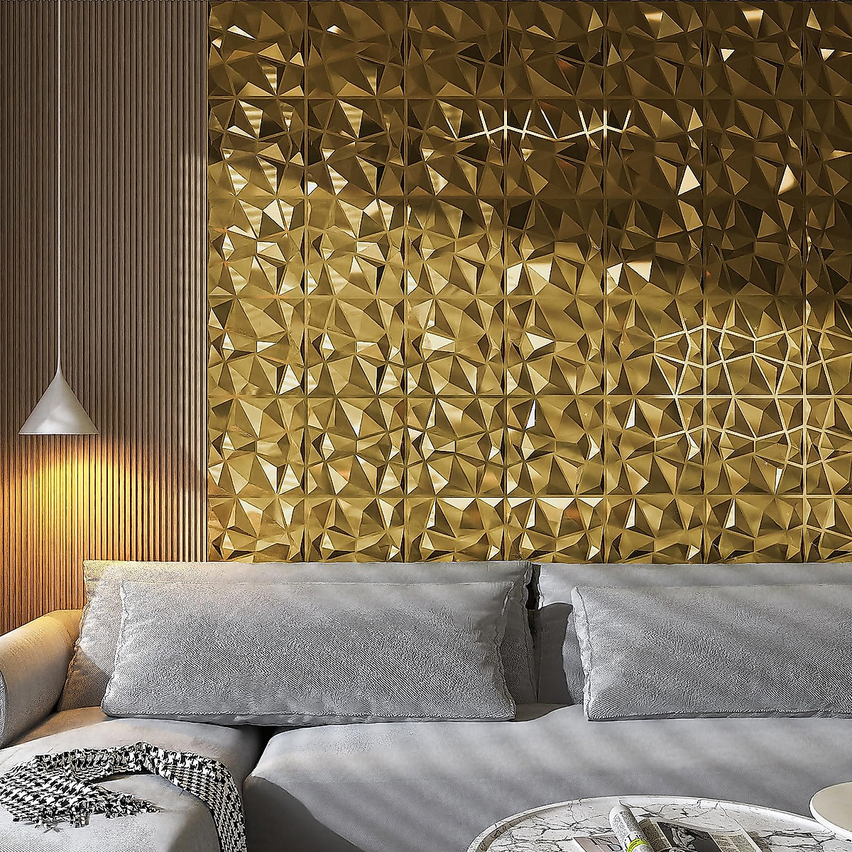 Art3d 3D Diamond Design Paneling for Interior Decor, Living Room, TV Wall Background, Bedroom, Gaming Setup, 11.8" x 11.8", Gold, 33 Pack