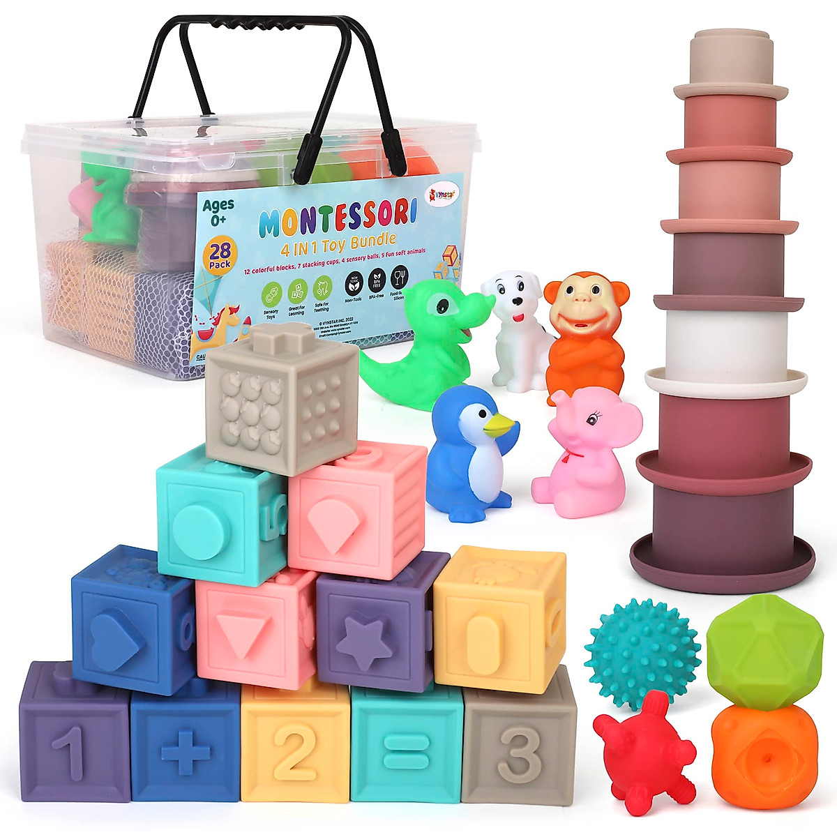 Vynstar Montessori Toys for Babies 6-12 Months & Up - 28-Piece Set of Silicone Baby Sensory Toys for Learning & Development - 4-in-1 Bundle of Baby Blocks, Stacking Cups, Sensory Balls, Soft Animals