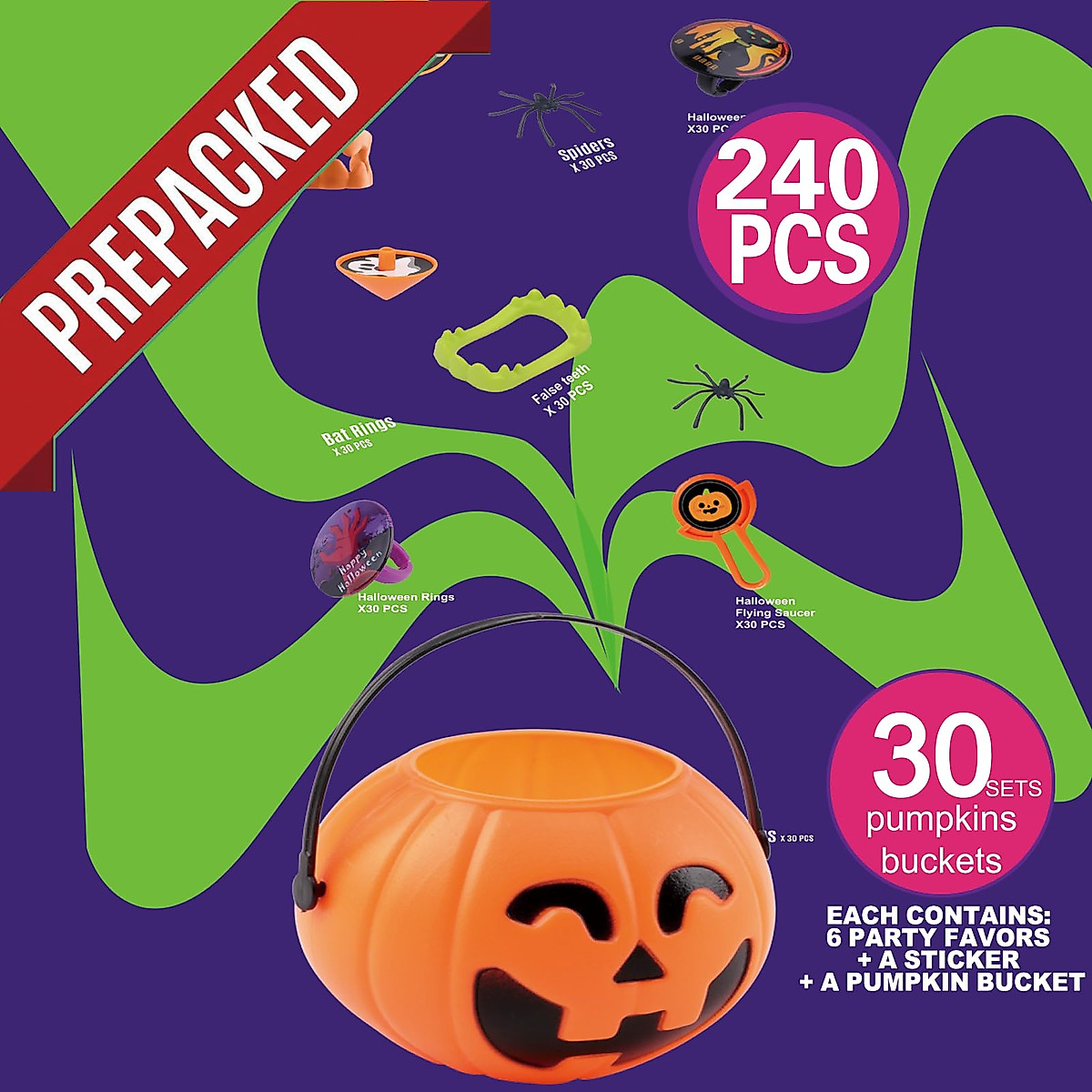 ATFUNSHOP 240PCS Halloween Party Favors 30Packs Prefilled Small Pumpkins With Assorted Halloween Toys In Bulk Trick or Treat Miniatures for Classroom Students Exchange Halloween Carnival Prizes
