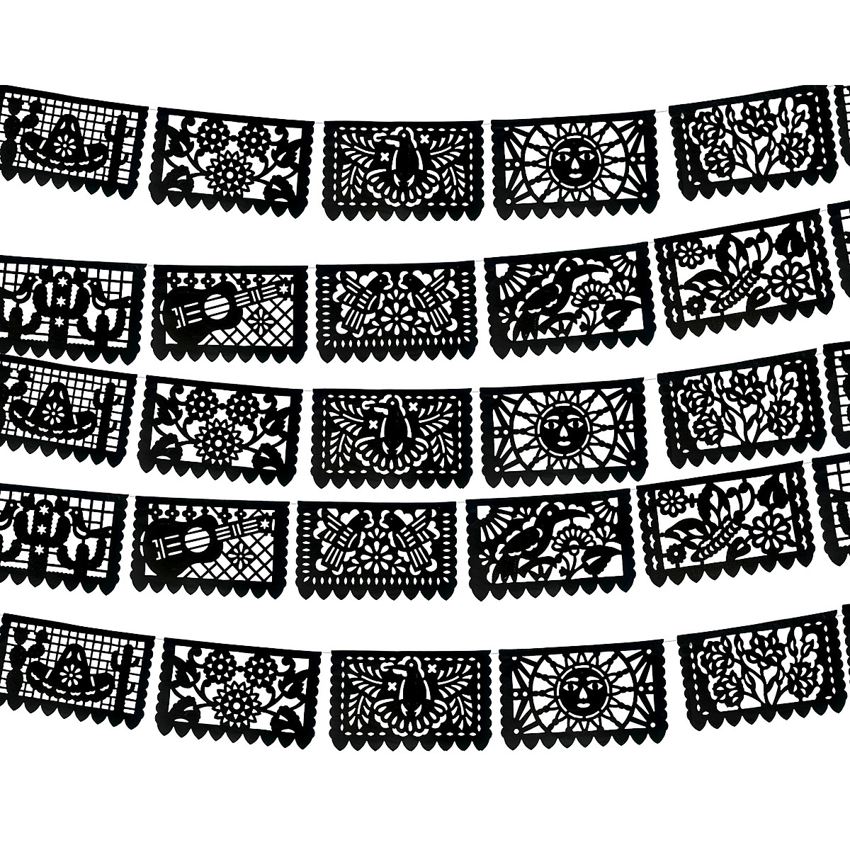 5 Pack Cinco de Mayo Party Decorations, Papel Picado Banner 60 ft Long, Fiesta Black tissue PAPER garland, Mexican Decorations, Weddings, Quinceaneras, Birthdays, Fiesta party supplies, WS250