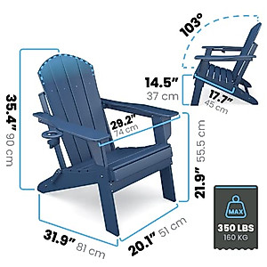 Sleek Space Adirondack Folding Chair for Garden, Patio or Deck - Arm Rests and Cup Holder - Lightweight, Weatherproof - Stylish, Durable Outdoor Furniture for Fire Pit, Beach, Poolside, Porch (Navy)