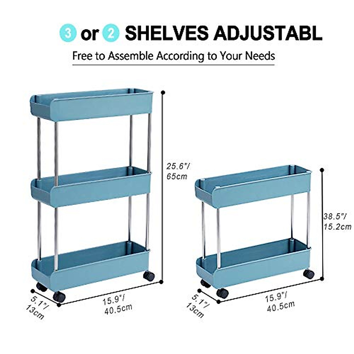 Melody House 3-Tier Slim Mobile Shelving Unit on Wheels, Slide Out Rolling Bathroom Storage Organizer, Utility Carts Shelf Rack for Kitchen Bathroom Laundry Room Narrow Places, Navy Blue