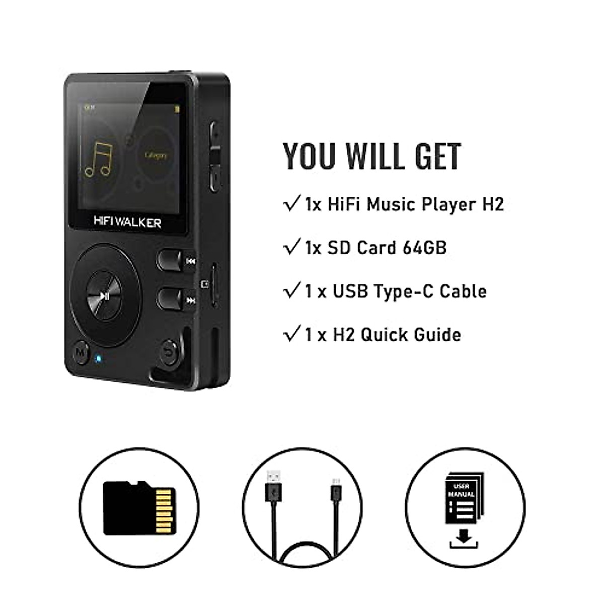 HIFI WALKER H2, High Resolution MP3 Player with Bluetooth, DSD DAC, HiFi Portable Digital Audio Player Lossless Hi Res Music Player with 64GB Memory Card, Support Up to 256GB