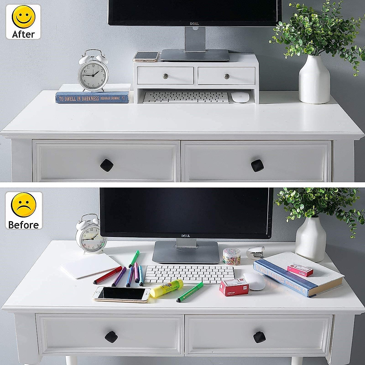 WELLAND Monitor Stand Riser with Drawers, Computer Monitor Stand, Desktop Organizer Stand for Laptop, PC, Office Supplies, White