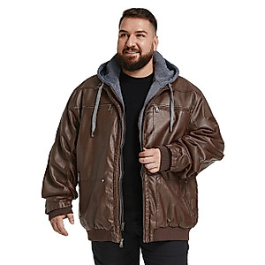 wantdo Men's Big and Tall Faux Leather Jacket Winter Coat Motorcycle Jacket With Removable Hood Coffee X-Large Tall