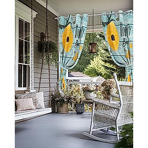 Outdoor Curtains for Patio 2 Panels Set Honey Bee Beehive Under Branch Blue Wooden Plank Waterproof Privacy Outside Curtain Sun Blocking Grommet Drapes for Porch Gazebo Pergolas Balcony 52x108 Inch
