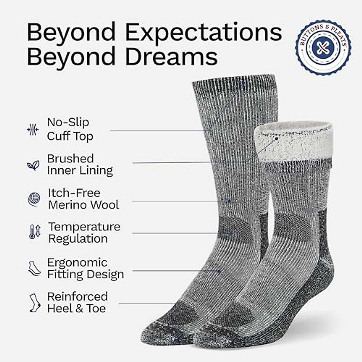 Buttons & Pleats Wool Socks for Men Women Merino Thermal Warm Cozy Winter Fuzzy Boot Sock Charcoal ML