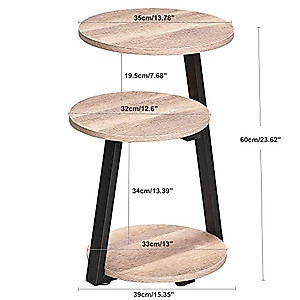 BEWISHOME Round End Table Side with Metal Frame, Accent Nightstand Bedside 3-Tier Shelves, Small for Living Room Bedroom Couch Coffee Greige KTZ41G
