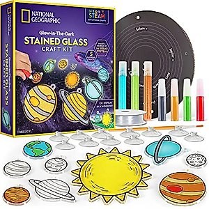 NATIONAL GEOGRAPHIC Kids Window Art Kit - Stained Glass Solar System Arts & Crafts Kit with Glow in The Dark Planets, Use as Window Suncatchers, Hanging Decor from Ceiling, Mobile, Space Room Décor