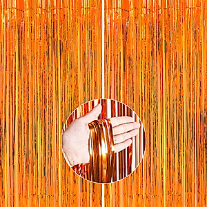 PartyWoo Orange Foil Fringe Curtains, 2 pcs 3.3x6.6 ft Orange Streamers, Fringe Backdrop, Metallic Tinsel Curtains for Birthday Party, Halloween Tinsel Backdrop, Halloween Party Decorations