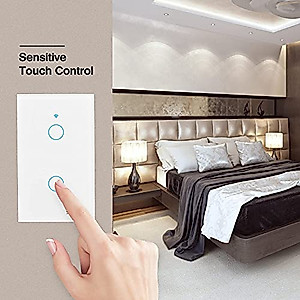 Smartyuns WiFi Smart Wall Light Switch White, Tempered Glass Panel Touch Light Switch 2 Gang Switch for 1 Gang Wall Box, Timer Function, Wireless Lighting Control (2 Gang Light Switch White)