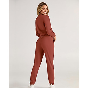 BTFBM Women 2 Piece Outfits Long Sleeve Crop Top Pullover Drawstring Pant Jogger Set Casual Sweatsuits Tracksuit Pockets(Solid Brick Red, X-Large)