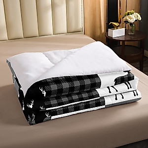 Camo Deer Boys Twin Comforter Set,Deer Antlers Silhouette Black Grey Camouflage Quilt Set for Kids Adults Room Decor,Wild Animals Hunting Adventure Rustic Comforter,Geometric Plaids Arrow Bedding Set