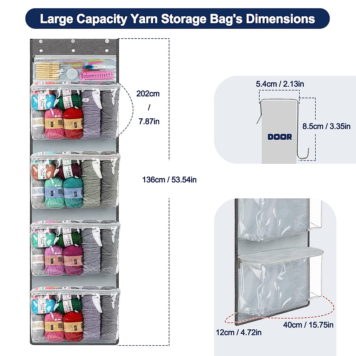 Katech Hanging Yarn Storage Organizer, Large Capacity Knitting Organizer Storage with 5 Zipper Closure Compartments for Yarn Enthusiasts, Hanging Yarn Storage Bag for Crochet Hooks, Yarn Balls