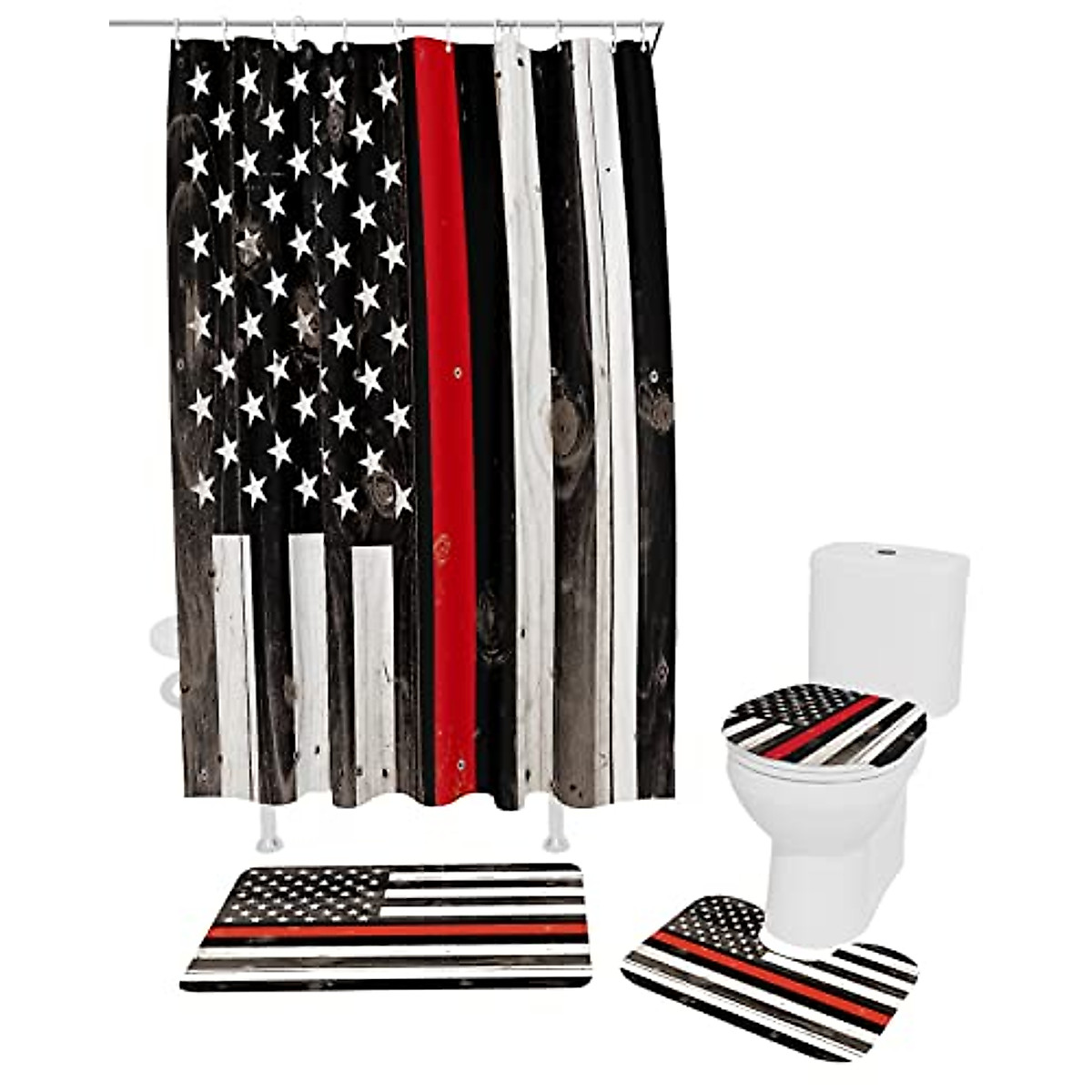 4 PCS Independence Day USA Flag Shower Curtain Set with Bath Rugs,American Red Line Fireman Waterproof Curtains Soft Bathroom Non-Slip Floor Mats Toilet U-Shaped Pad and Toilet Lid Covers Wood Plank
