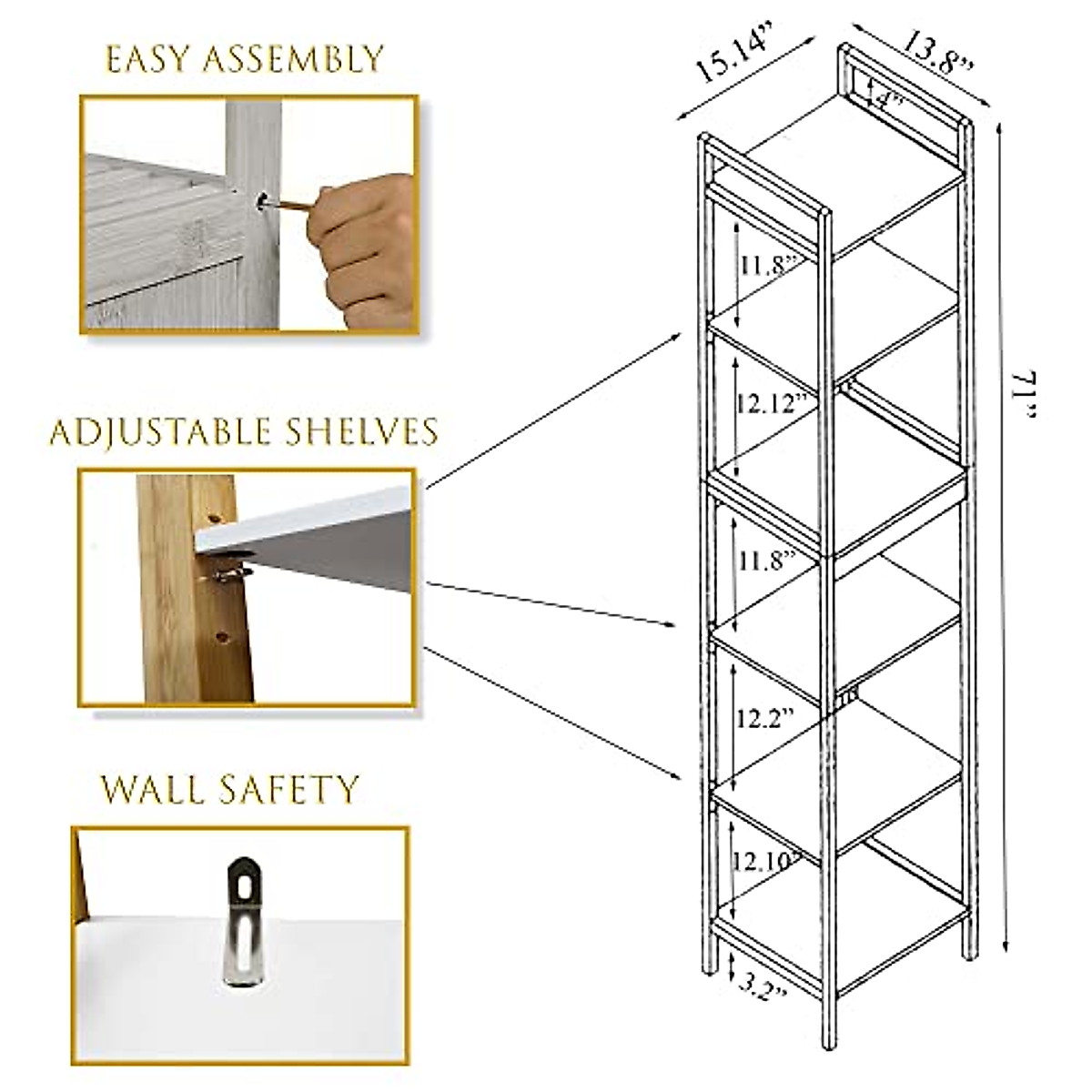 Evideco French Home Goods Tower Shelving Unit Storage Padang 6 Shelves Bamboo Frame Wood White
