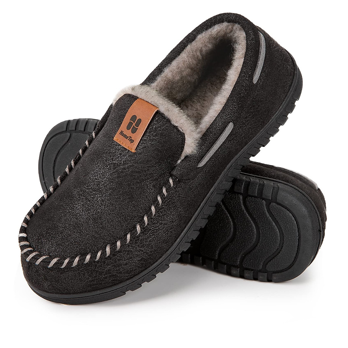 HomeTop Men's Faux Suede Memory Foam Moccasin Slippers Soft Plush Warm Lining House Shoes with Anti-Skid Rubber Sole (10, Black)