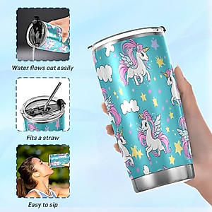 HXshaoye blue unicorns dreamy girl Stainless Steel insulated cup with Lid and Straw coffee mug for men for Home, Office or Car simply straw tumbler 20 oz termo para bebidas calientes 20oz