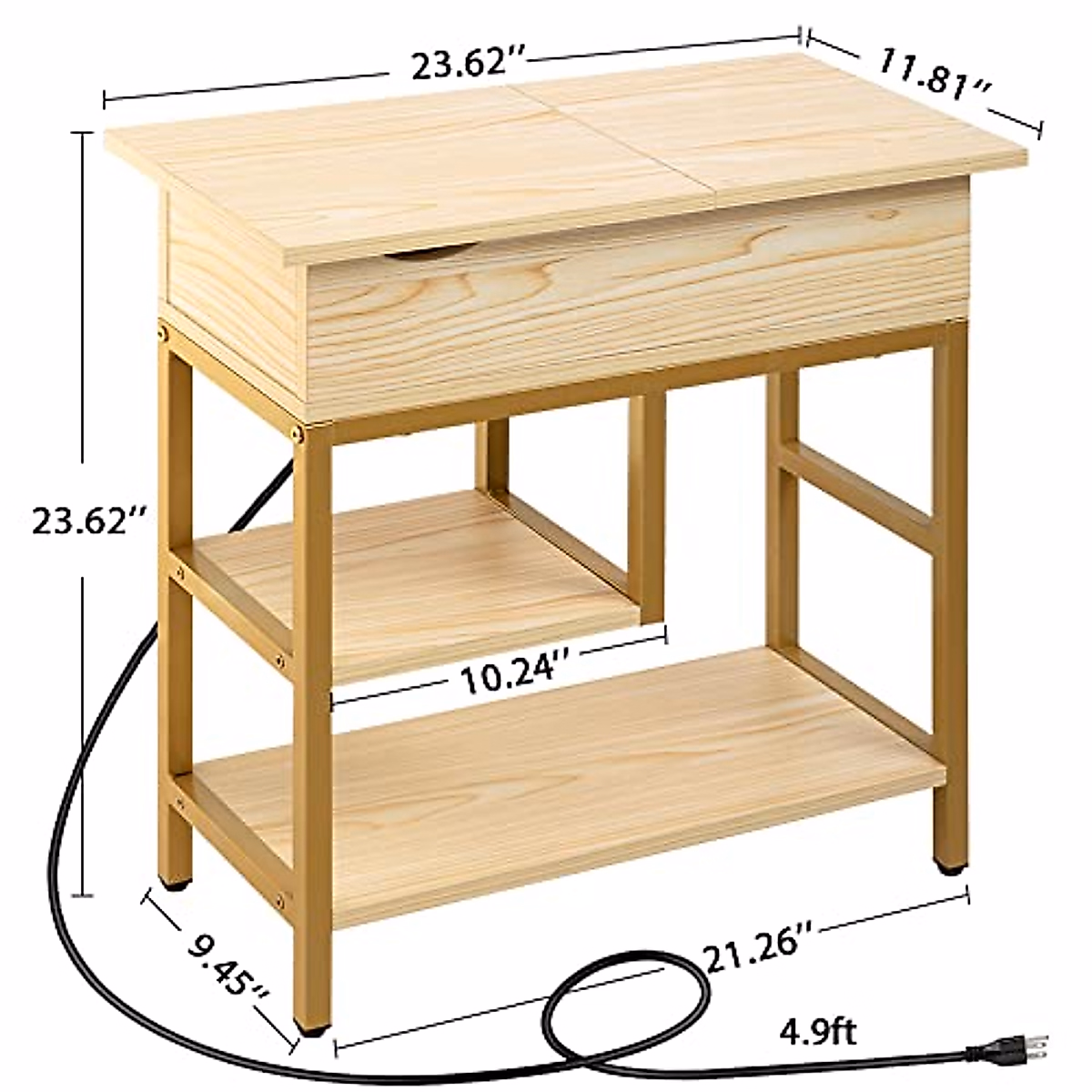 Hadulcet Side Table with Charging Station, Flip Top End Table with Storage Shelf for Living Room Bedroom Small Space Gold & Beige