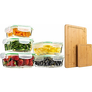 EatNeat 5-Pack of Glass Food Storage Containers with Airtight Snap Locking Lids to Keep Food Fresh Extra Large Bamboo Cutting Board Set