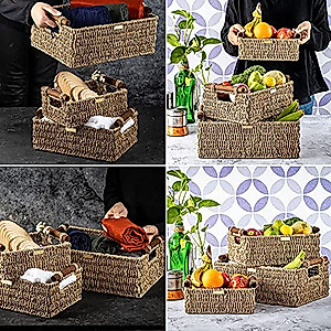 ADO Basics Wicker Basket with Stain Resistant Wooden Handles, Seagrass Wicker Baskets for organizing 14.6"x10.3"x6.2" and 12"x8.3"x5.1" and 9.5"x6.6"x4.1", Set of 3