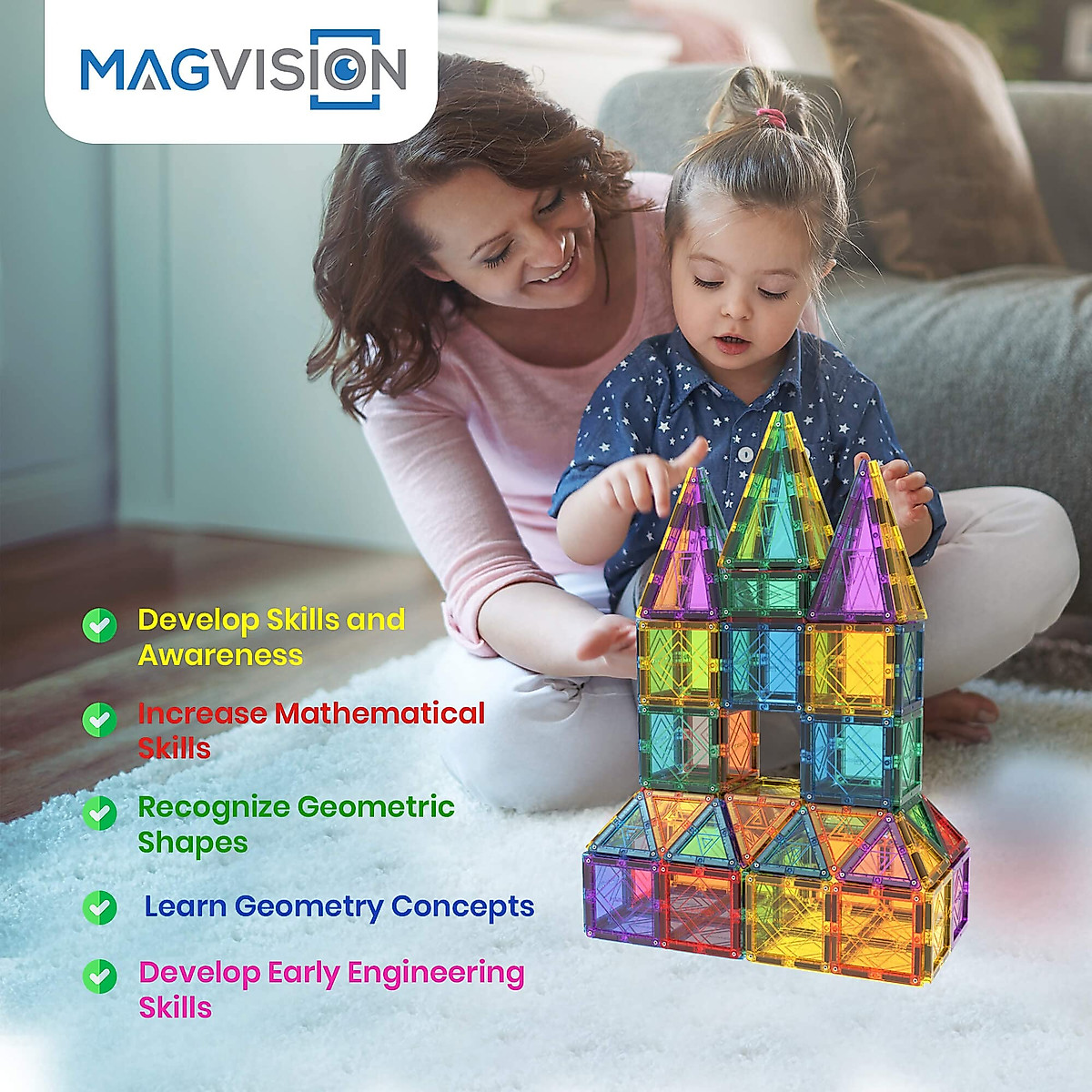 MagVision 60-Piece Magnetic Building Tiles Set, Stem Magnetic Building Blocks, Extra Strong and Safe Magnets, Stem Toys, Magnetic Blocks, Educational Toys for Children Ages 3+ Years