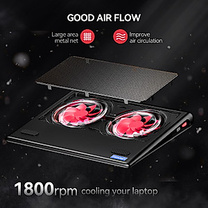 TECKNET Laptop Cooling Pad, 12"-15.6" Laptop Cooler, Gaming Laptop Cooling Stand, Wind Speed Adjustable, 2 USB Powered Laptop Fan Cooling Pad for Laptop Within 16 Inch (Red)