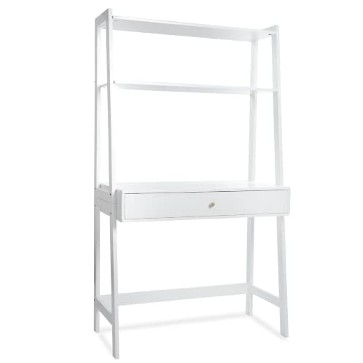 Milliard Ladder Desk with Storage, Freestanding Wall Computer Desk with Drawer and Shelves, White