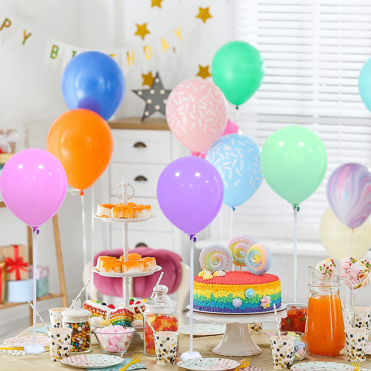 RUBFAC Balloon Stand Kit 24 Sets Balloon Cup with Stick and Flower Base Table Desktop Support Holder for Wedding Birthday Party Supplies,White