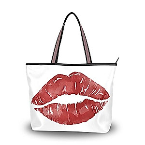 Tote Bag Pinup Style Lip Print, Large Capacity Zipper Women Grocery Bags Purse for Daily Life 2 Sizes