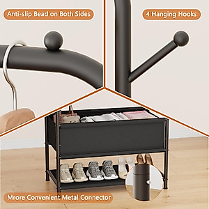 Furologee Double Rods Clothing Garment Rack with Storage Box,Clothing Rack for Hanging Clothes with 4 Side Hooks,Metal Frame Wardrobe Clothes Organizer for Bedroom,Living Room,Black