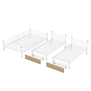 BIADNBZ Full Over Twin & Twin Triple Bunk Bed for 3,L-Shaped Metal Detachable Bunkbed Frame with Storage Stairs and 2 Drawers for Kids Teens Adults Bedroom,Space-Saving,White