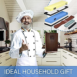 Sharpening Stone Set with Wood Storage Box, SHAN ZU Whetstone Dual Grit 400/1000 & 3000/8000 Knife Sharpener Stone Includes Non-Slip Rubber Strip & Flattening Stone & Angle Guide & Leather Razor Strop