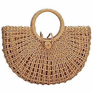 Straw Bags for Women,Hand-woven Straw Top-handle Bag with Round Ring Handle Summer Beach Rattan Tote Handbag (Khaki)