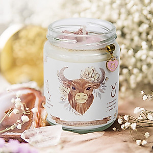 ZINCGE Taurus Gifts, Zodiac Crystal Candle, Birthday Candle Gifts for Women, Astrology Gifts for Mom Wife Sister, Gift for Her Pear and Freesia Scented Candle with Pink Crystals