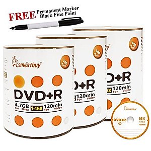 Smartbuy 300-disc 4.7GB/120min 16x DVD+R Logo Top Blank Media Record Disc + Black Permanent Marker