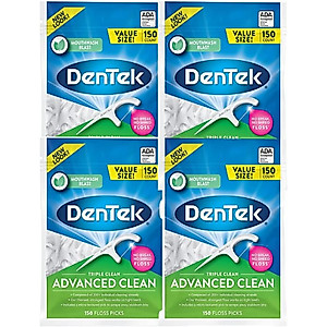 DenTek Triple Clean Advanced Floss Picks, No Break & No Shred Floss, 150 Count. (Pack of 4)