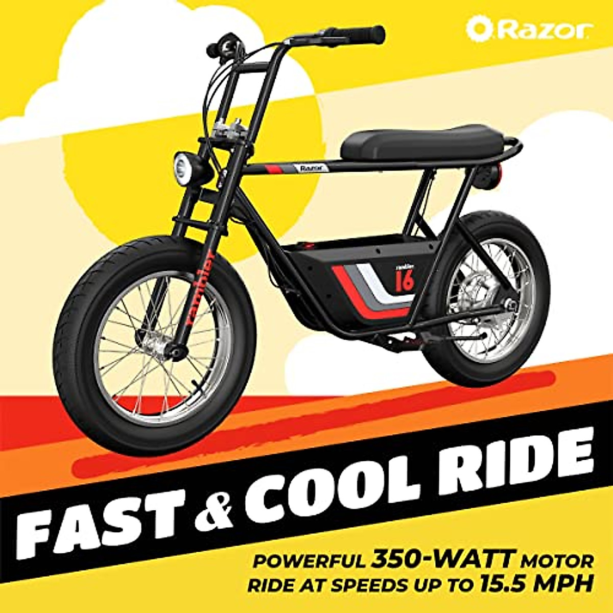 Razor Rambler 16 – 36V Electric Minibike with Retro Style, Up to 15.5 MPH, Up to 11.5 Miles Range, Wide, Rugged 16" Air-Filled Tires, Powerful 350 Watt Hub-Driven Motor