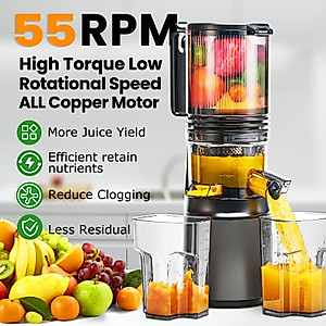 ATSENT Cold Press Juicer,Slow Masticating Juicer Machines with 5.3" Large Feed Chute for Most Fruits and Vegetables,Easy to Clean Lemon Orange Juicer with 250W Motor and High Juice Yield